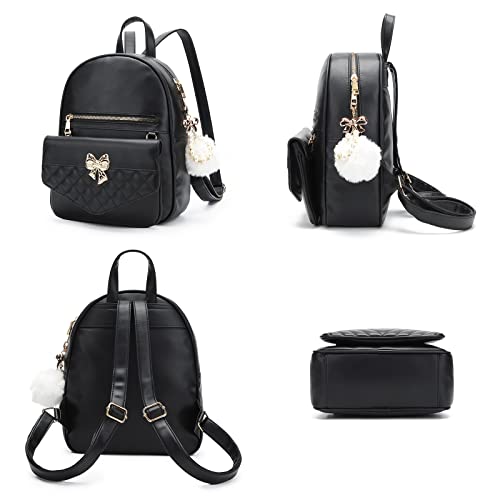 I IHAYNER Backpack Purse for Women, Girls Mini PU Leather Backpack Chain Shoulder Travel Bag with Detachable Handbags, 2 Pieces(Black)