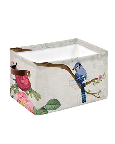 Storage Basket Blue Bird and Flower Storage Bins Decorative Spring Floral Vintage Stamp Foldable Baskets for Toys Decorative Baskets for Closet Nursery