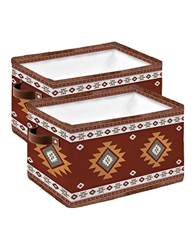 Southwest Boho Cube Storage Organizer Bins with Handles,15x11x9.5 Inch Collapsible Canvas Cloth Fabric Storage Basket,Vintage Brown Abstract Geometry Native American Tribal Books Toys Boxes