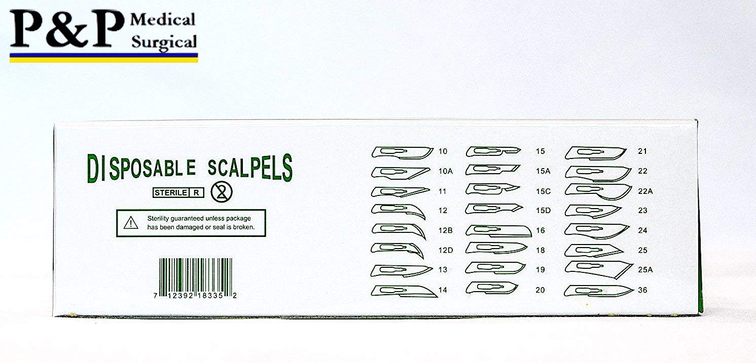 Disposable Scalpels Sterile Surgical Blade Size 12 Stainless Steel with Plastic Handle & Metric Line Individually Foil Wrapped Box of 10