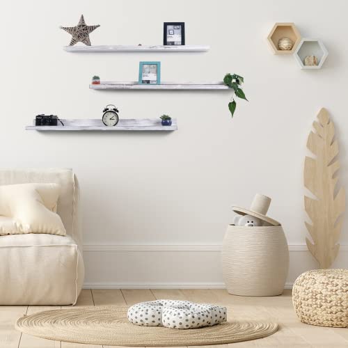CRCHOM Picture Ledge Shelf 36" Wood Photo Shelves for Wall Mounted Long Floating Shelves with Lip Set of 3 Display Ledge Book Shelf for for Home Decor,Rustic White