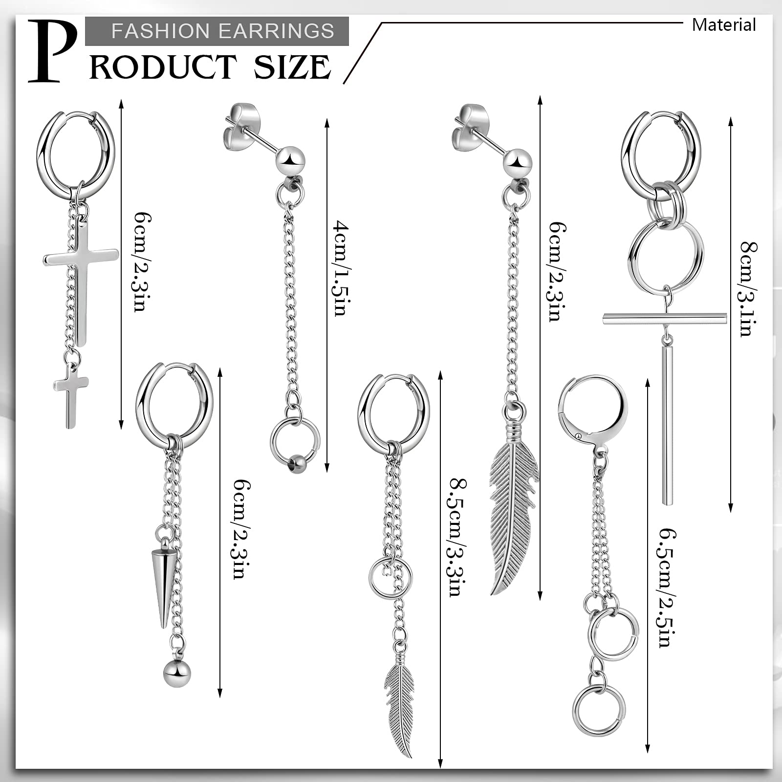 Earrings For Men, 24 Pieces Stainless Steel Cross Hinged Hoop Dangle Earrings For Men Women(Silver)