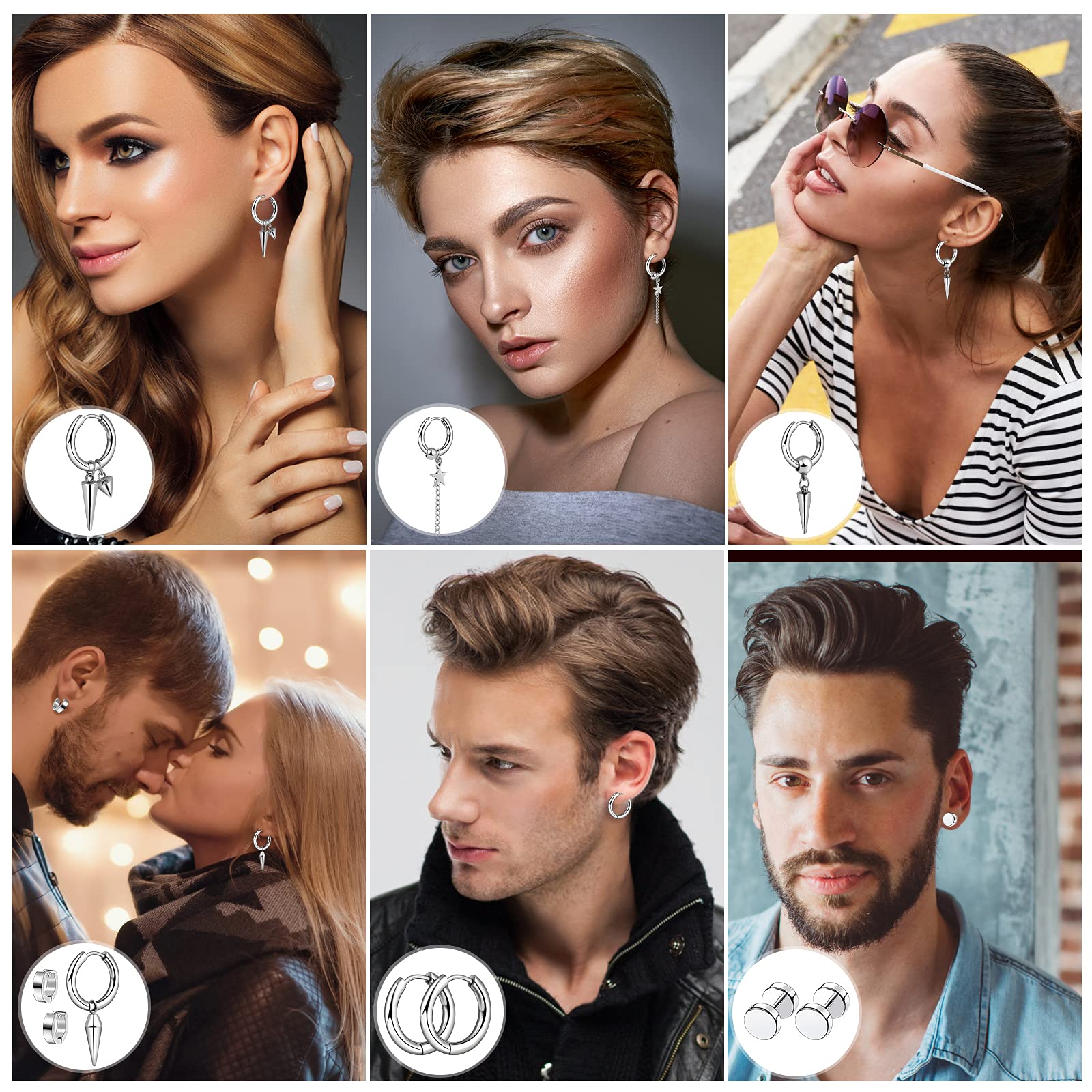 Earrings For Men, 24 Pieces Stainless Steel Cross Hinged Hoop Dangle Earrings For Men Women(Silver)