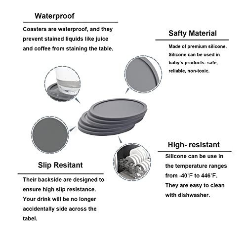 Silicone Drink Coasters by Cilnizriy, Heat Resistant, Soft Coaster for Tabletope Protection, Furniture from Damage (Grey, 6)