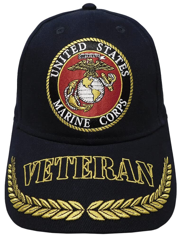 United States Marine Corps Emblem Veteran Wreath Navy Blue Adjustable Embroidered Cotton Hat Cap - Officially Licensed