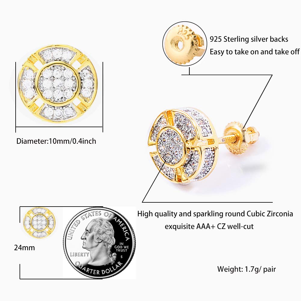 TOPGRILLZ Screw Back Earrings 14K Gold Plated 5A+ Cubic Zirconia Cluster Round Screw On Stud Earrings For Men Women Aretes De Hombre-Small Gold Plated
