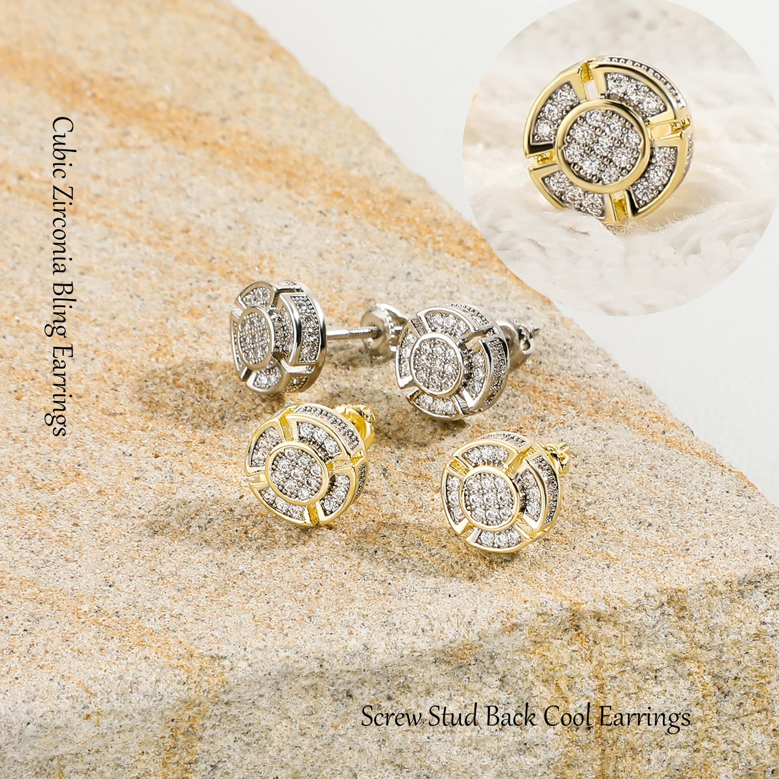 TOPGRILLZ Screw Back Earrings 14K Gold Plated 5A+ Cubic Zirconia Cluster Round Screw On Stud Earrings For Men Women Aretes De Hombre-Small Gold Plated
