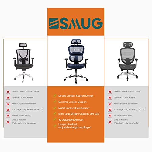 SMUG Ergonomic Large High Back Office Ergo3D Rolling Desk 4D Armrest,3D Lumbar Support,Adjustable Headrest,Breathable Mesh Computer Gaming Executive Swivel Chairs, Blue
