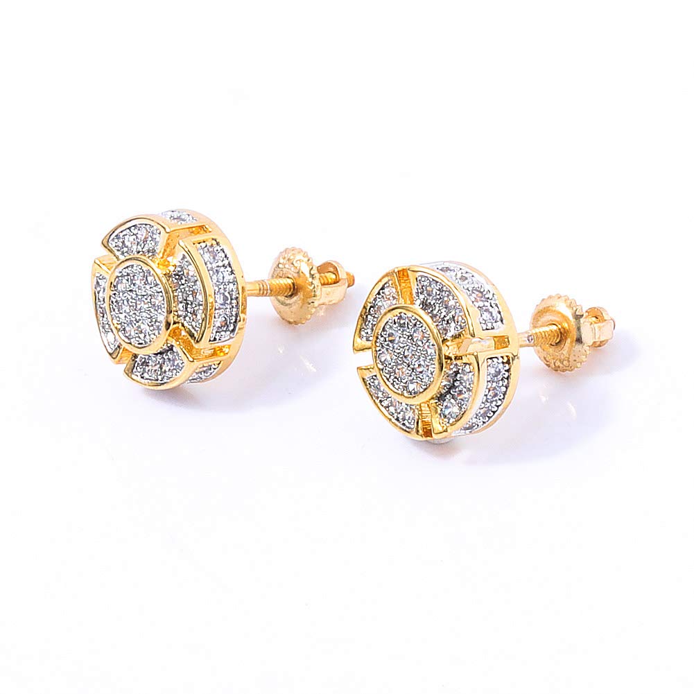 TOPGRILLZ Screw Back Earrings 14K Gold Plated 5A+ Cubic Zirconia Cluster Round Screw On Stud Earrings For Men Women Aretes De Hombre-Small Gold Plated