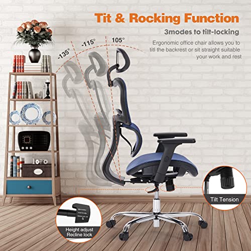 SMUG Ergonomic Large High Back Office Ergo3D Rolling Desk 4D Armrest,3D Lumbar Support,Adjustable Headrest,Breathable Mesh Computer Gaming Executive Swivel Chairs, Blue