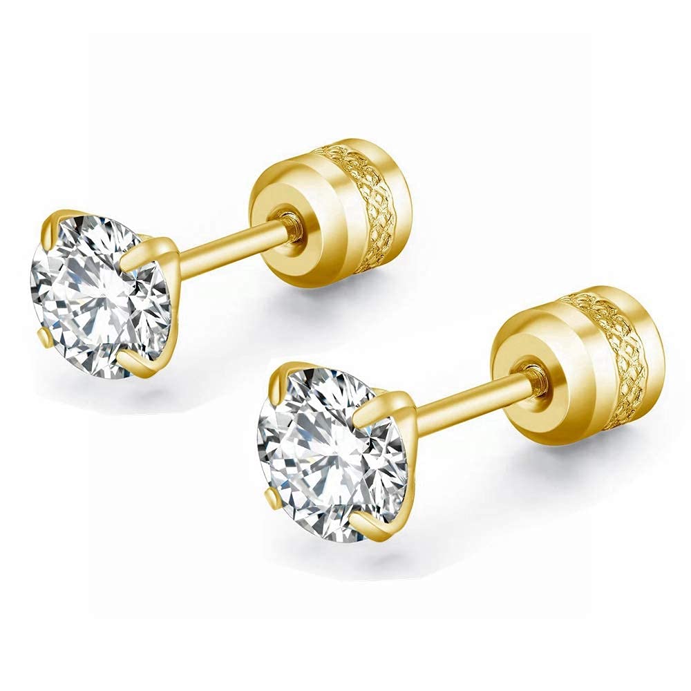 5 Pairs Titanium Screw Back Stud Earrings Set for Sensitive Ears, Hypoallergenic Surgical Stainless Steel Double Sided Round Cubic Zirconia Earrings for Women Men (5pcs gold stud set)