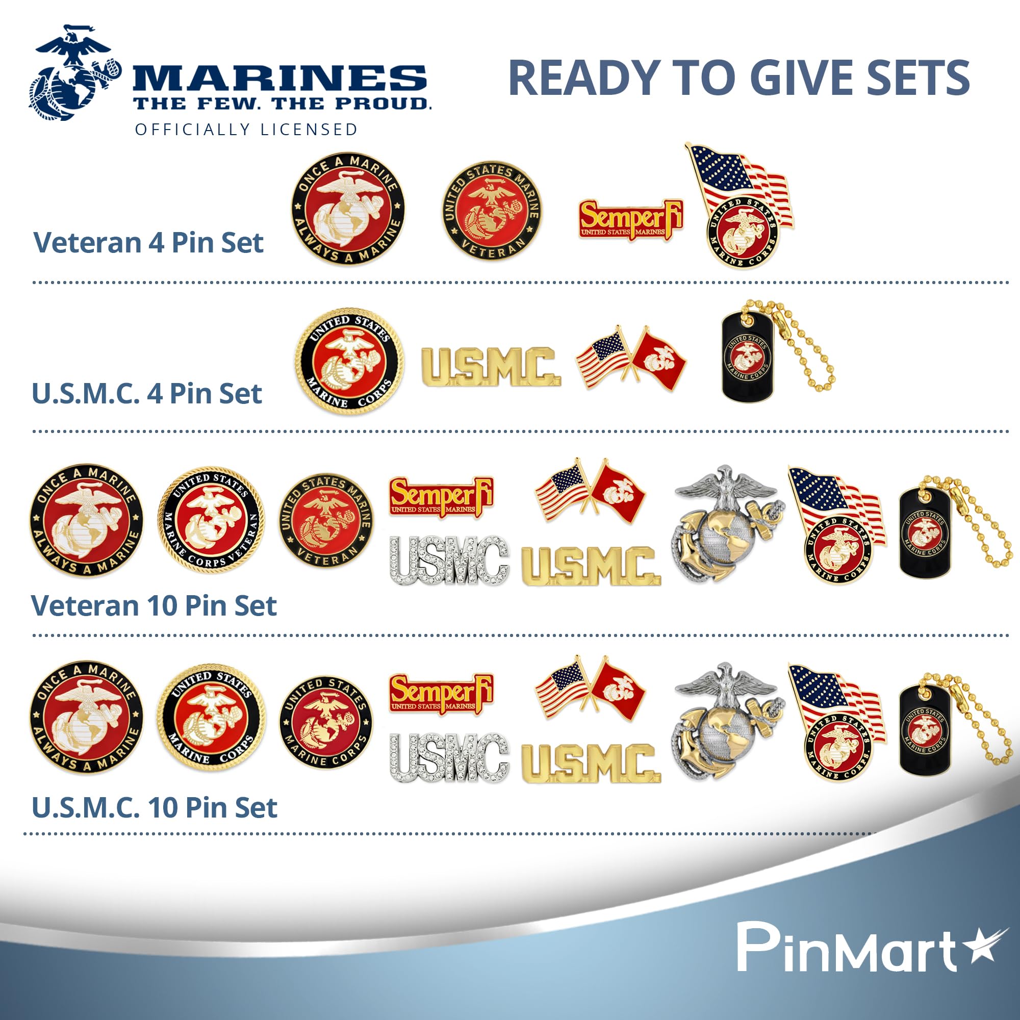 PinMart Officially Licensed U.S.M.C. Veteran 4-Piece Lapel Pin β Military Insignia United States Marine Corps Logo Pins β Gold Plated Enamel Brooch with Secure Clutch Back
