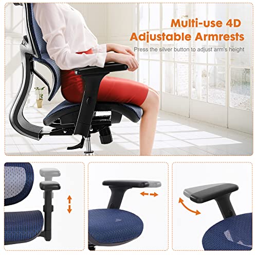 SMUG Ergonomic Large High Back Office Ergo3D Rolling Desk 4D Armrest,3D Lumbar Support,Adjustable Headrest,Breathable Mesh Computer Gaming Executive Swivel Chairs, Blue