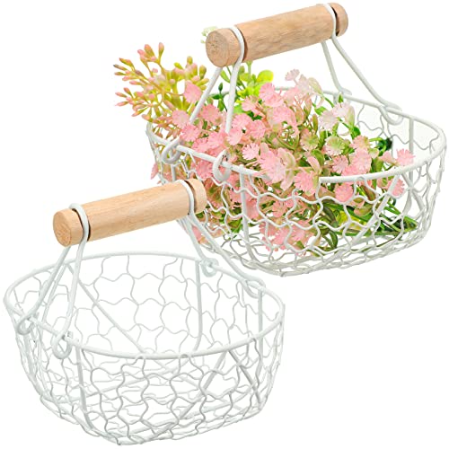 2 Pcs Rustic Flower Girl Baskets for Weddings Country Metal Wedding Basket with Wood Handle White Wire Vintage Basket for Wedding and Home Decor