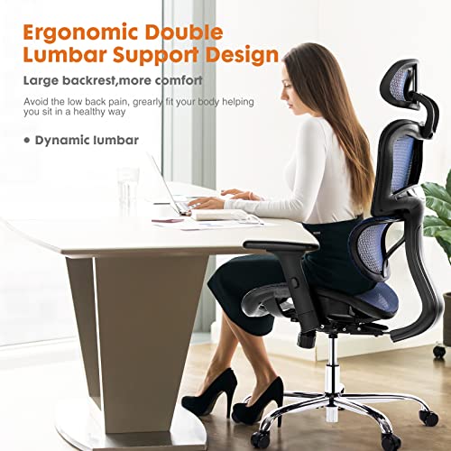 SMUG Ergonomic Large High Back Office Ergo3D Rolling Desk 4D Armrest,3D Lumbar Support,Adjustable Headrest,Breathable Mesh Computer Gaming Executive Swivel Chairs, Blue