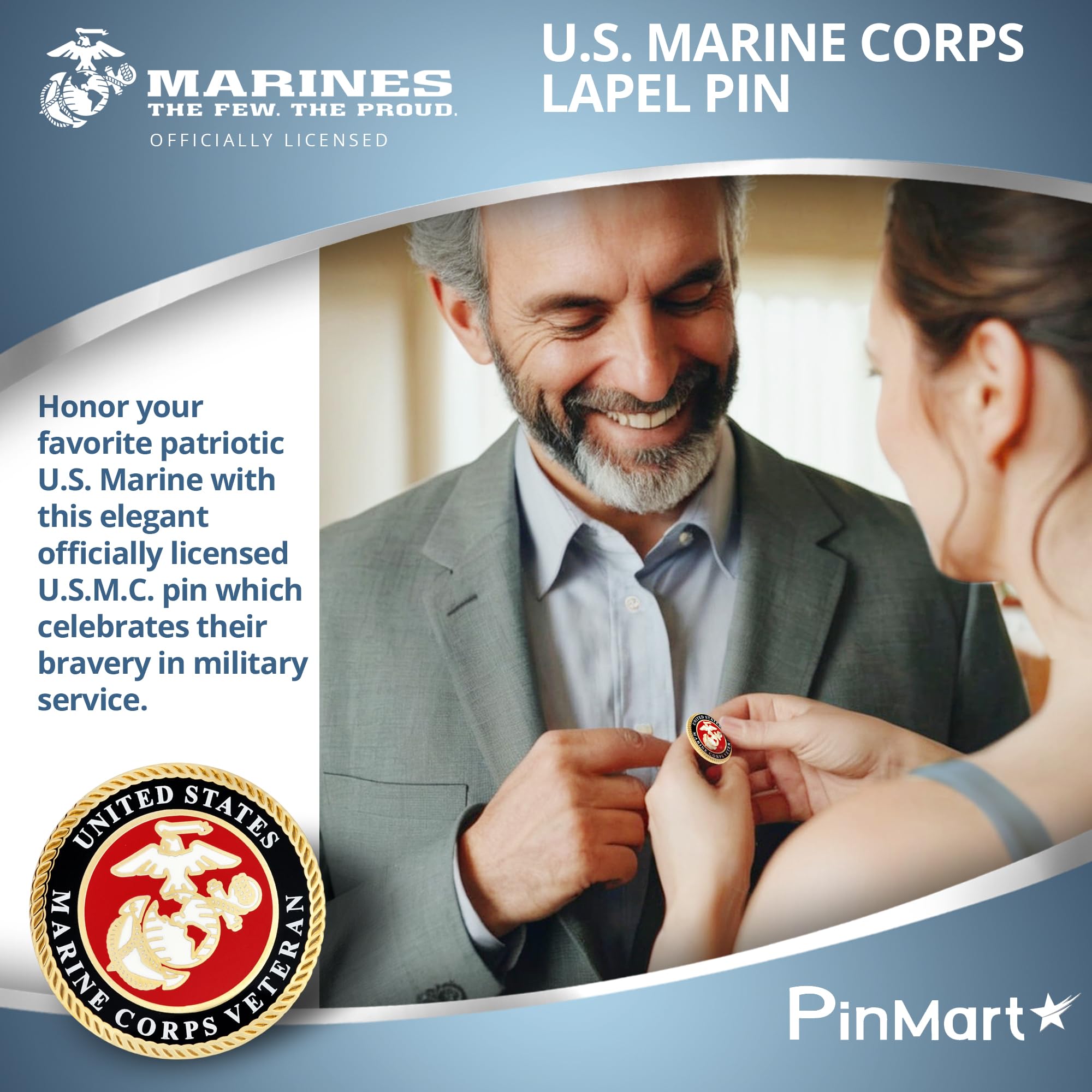 PinMart Officially Licensed U.S.M.C. Veteran 4-Piece Lapel Pin β Military Insignia United States Marine Corps Logo Pins β Gold Plated Enamel Brooch with Secure Clutch Back