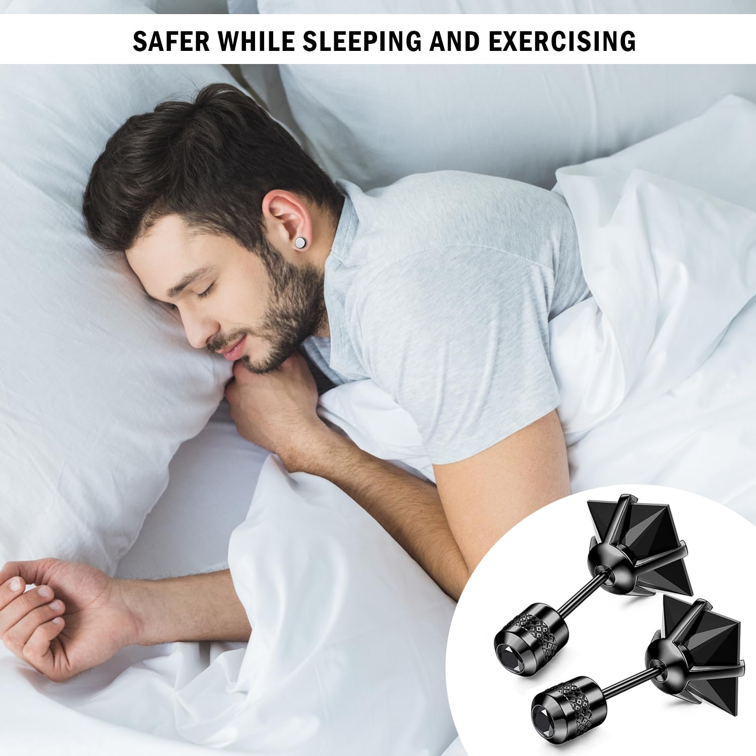 RIOSO 14Pairs Earrings for Men Women Surgical Stainless Steel Hypoallergenic Stud Earring Screw Back Stud Hoop Earring Set Men's Black Silver Earrings