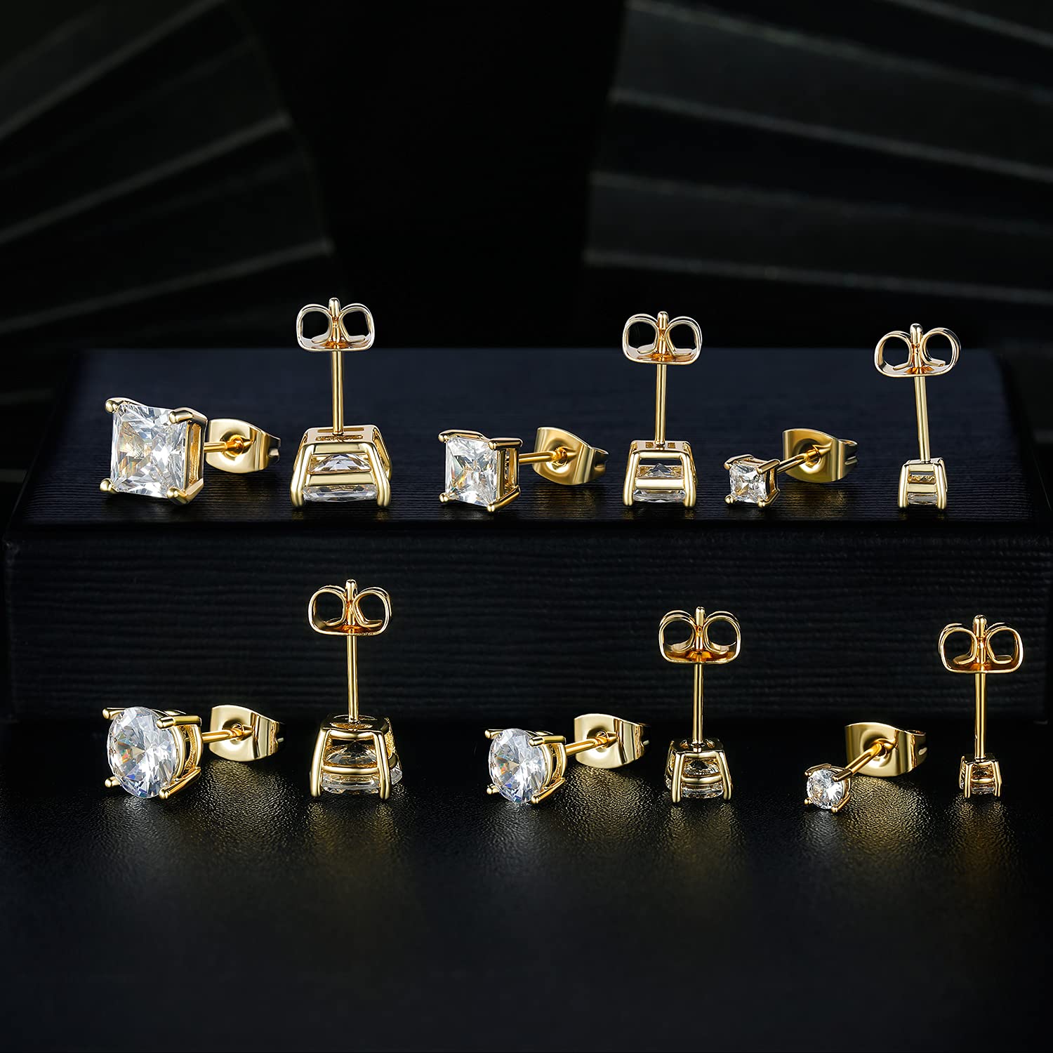 14K Gold Plated Round Princess Cut Clear Cubic Zirconia Hypoallergenic Stud Earring Set for Men Women 6 Pairs