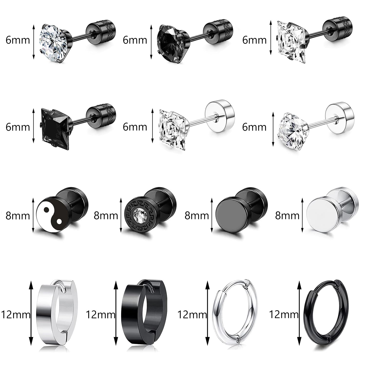 RIOSO 14Pairs Earrings for Men Women Surgical Stainless Steel Hypoallergenic Stud Earring Screw Back Stud Hoop Earring Set Men's Black Silver Earrings