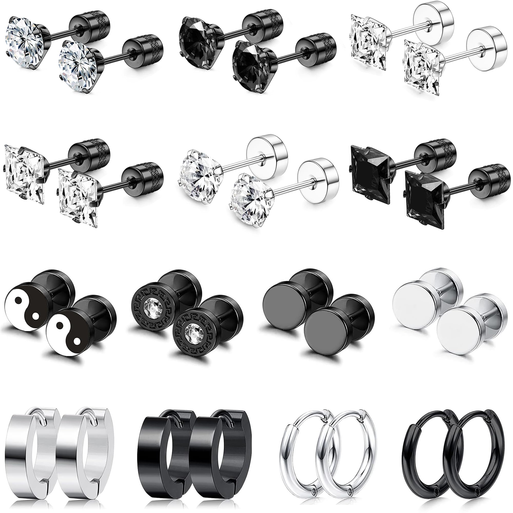 RIOSO 14Pairs Earrings for Men Women Surgical Stainless Steel Hypoallergenic Stud Earring Screw Back Stud Hoop Earring Set Men's Black Silver Earrings