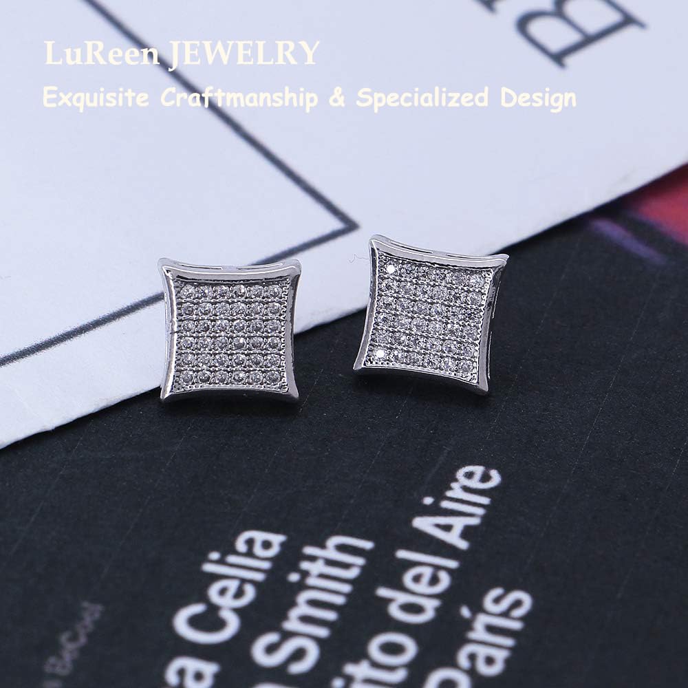 LuReen Mens Earring Silver Gold 11mm Square CZ Stud Earring for Men