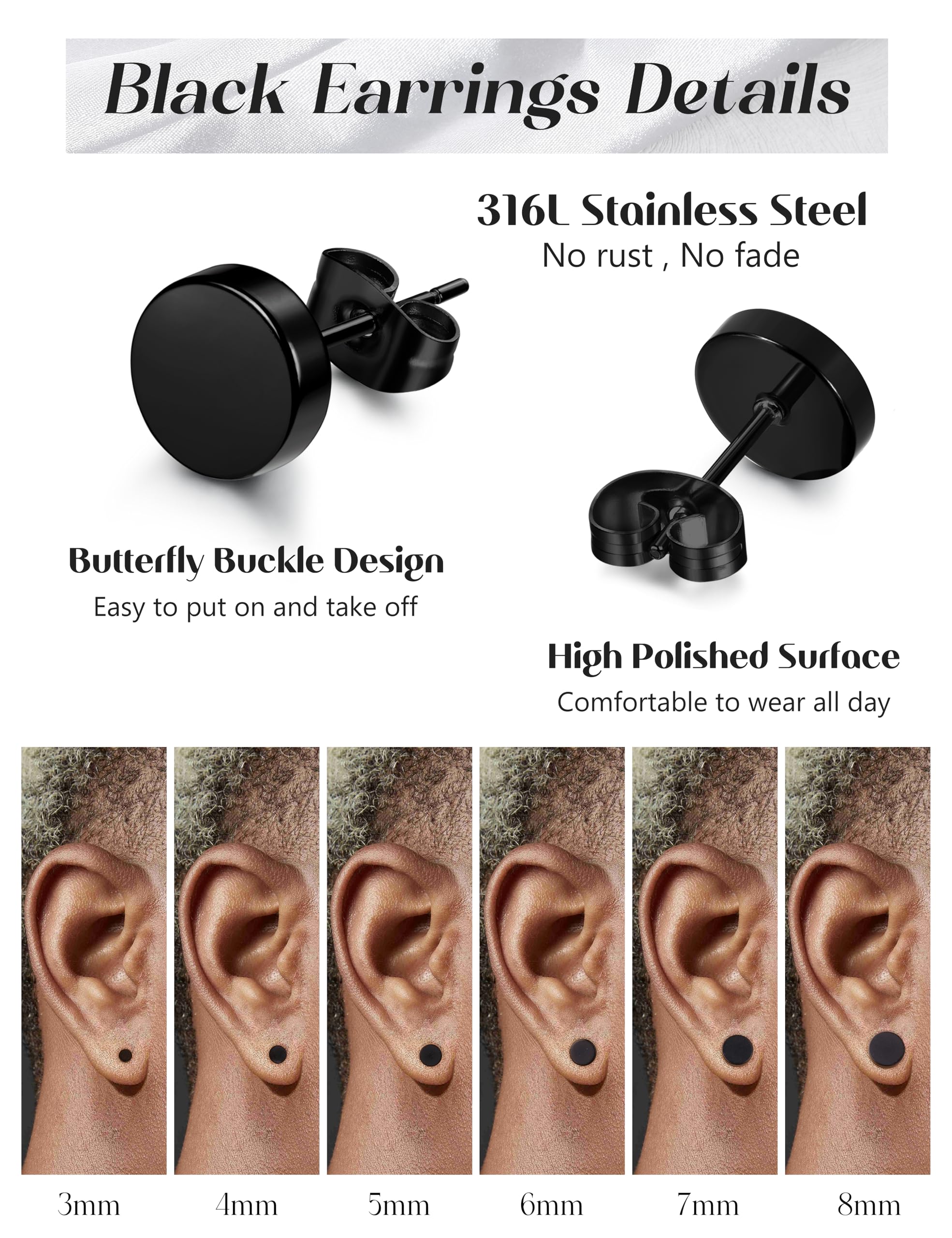 FIBO STEEL Stainless Steel Black Stud Earrings for Men Women, 8mm