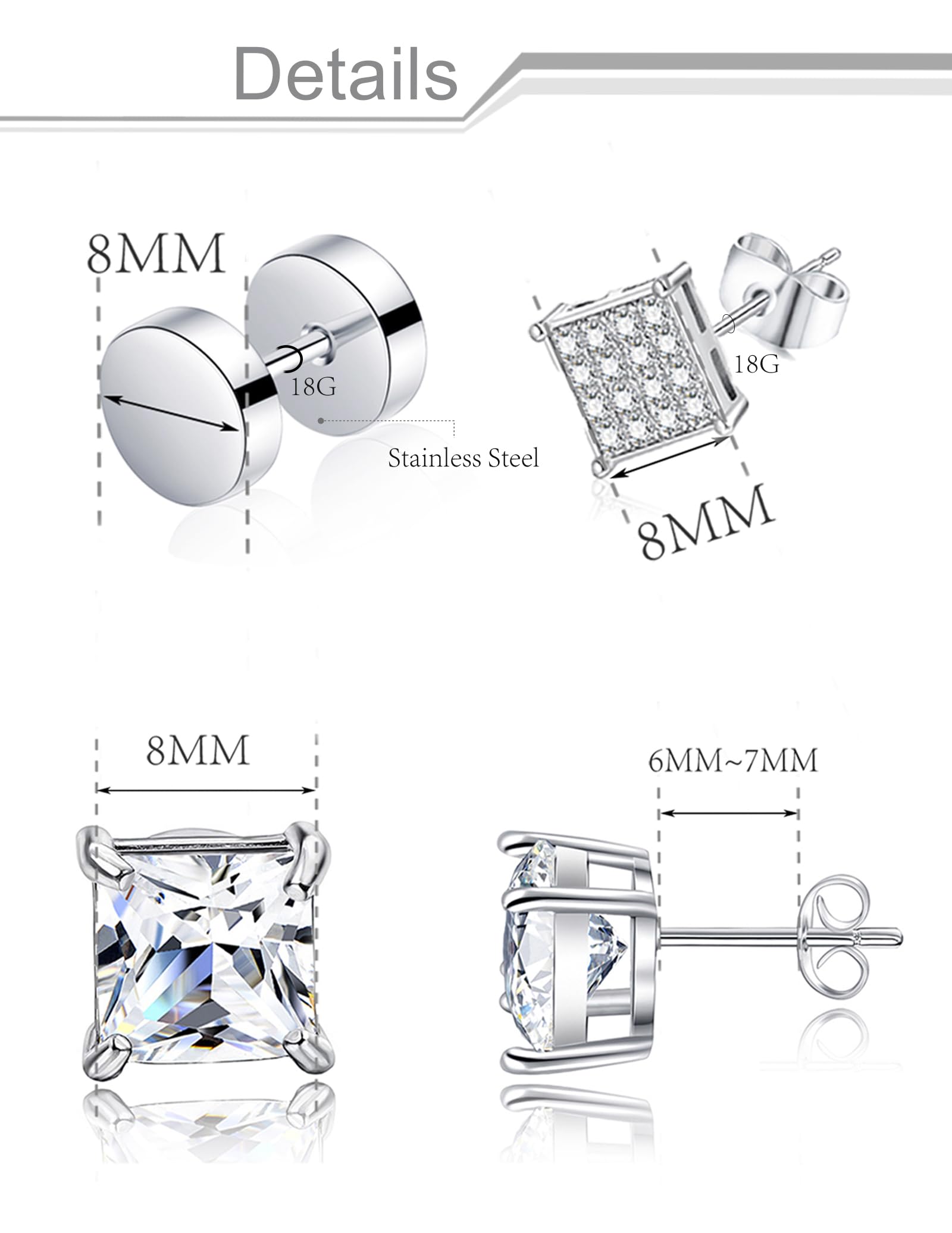 Ofeiyaa 12 Pairs Stainless Steel Stud Earrings Cubic Zirconia Cartilage Barbell Earring Set for Men Women Black Silver Tone 8mm