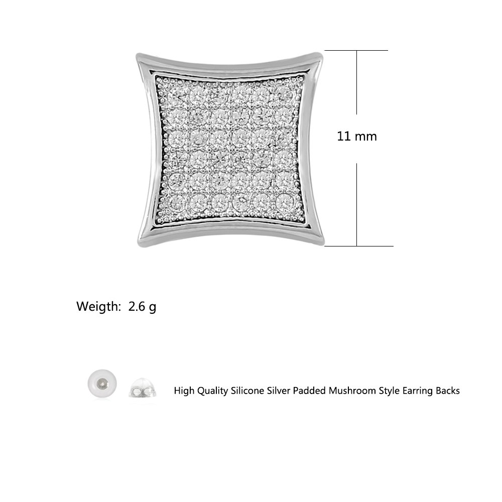 LuReen Mens Earring Silver Gold 11mm Square CZ Stud Earring for Men