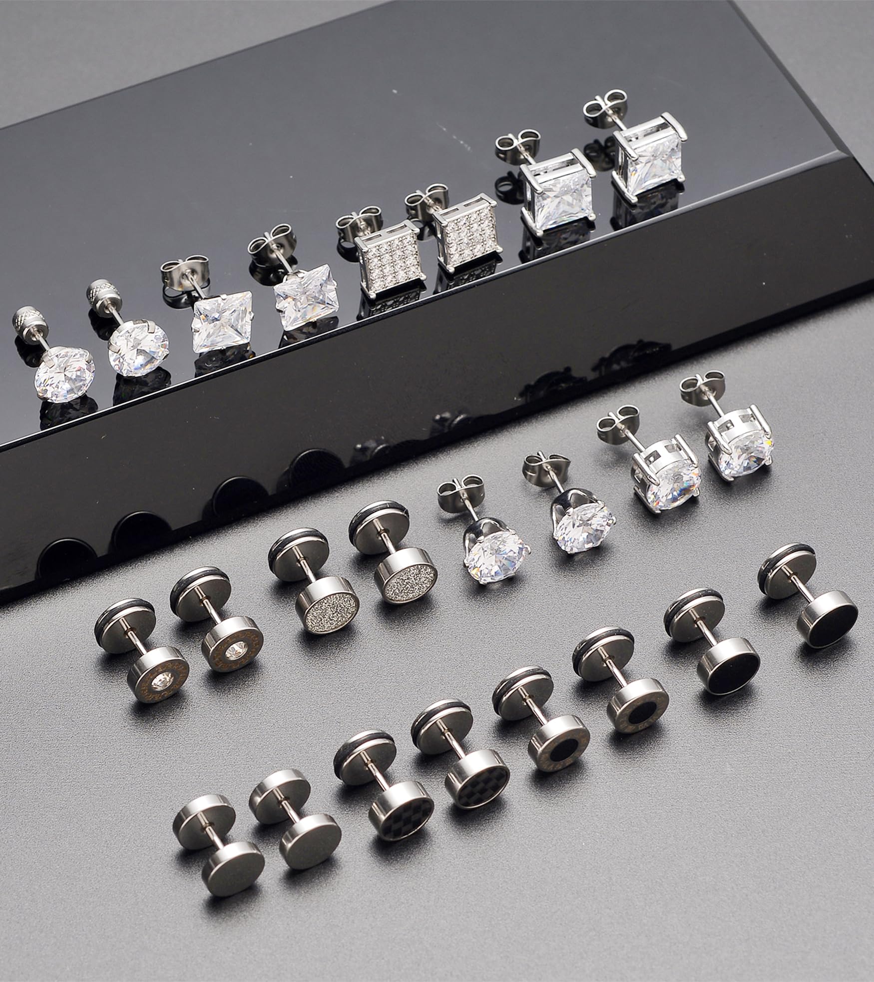 Ofeiyaa 12 Pairs Stainless Steel Stud Earrings Cubic Zirconia Cartilage Barbell Earring Set for Men Women Black Silver Tone 8mm