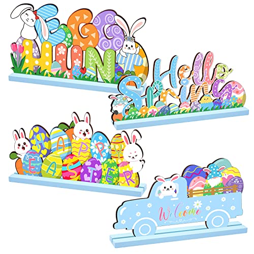 4PCS Easter Wooden Table Sign, Happy Easter Bunny Table Centerpieces Spring Tabletop Colorful Easter Egg Hunt Table Centerpiece Signs for Dinner Party Indoor Decoration
