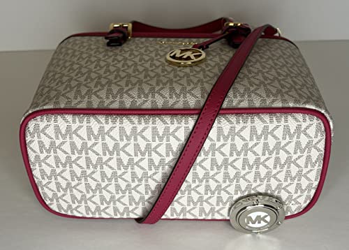 Michael Kors Jet Set Travel XS Carryall Convertible Top Zip Tote bundled with SM TZ Coinpouch and Purse Hook (Carmine Pink MK Multi)