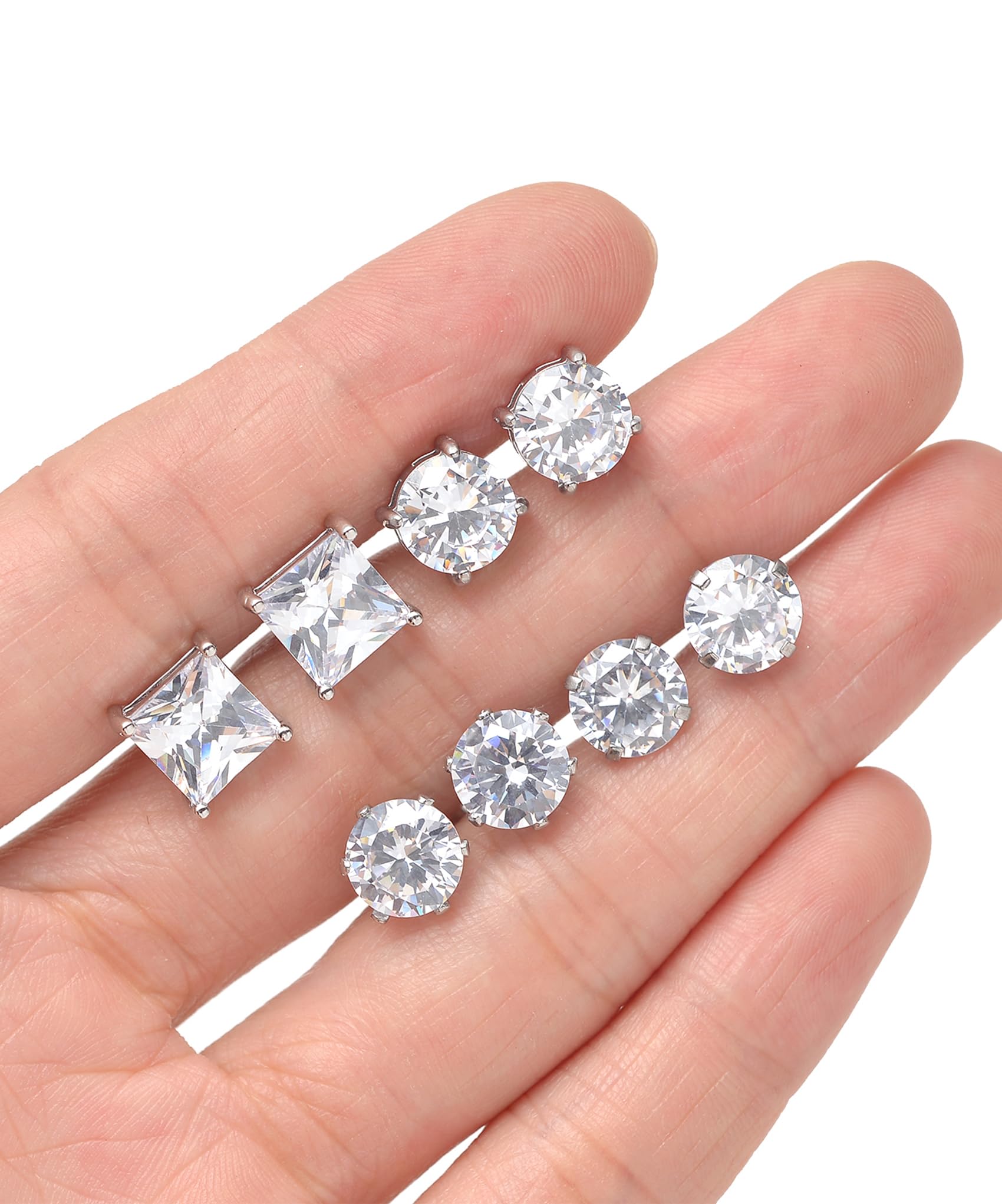 Ofeiyaa 12 Pairs Stainless Steel Stud Earrings Cubic Zirconia Cartilage Barbell Earring Set for Men Women Black Silver Tone 8mm