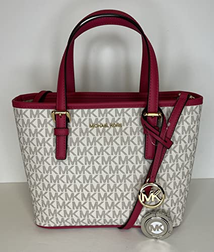 Michael Kors Jet Set Travel XS Carryall Convertible Top Zip Tote bundled with SM TZ Coinpouch and Purse Hook (Carmine Pink MK Multi)