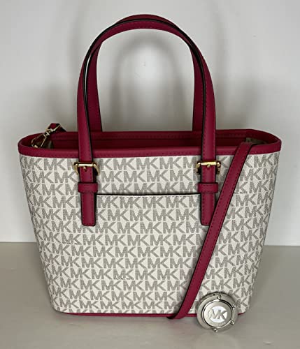 Michael Kors Jet Set Travel XS Carryall Convertible Top Zip Tote bundled with SM TZ Coinpouch and Purse Hook (Carmine Pink MK Multi)
