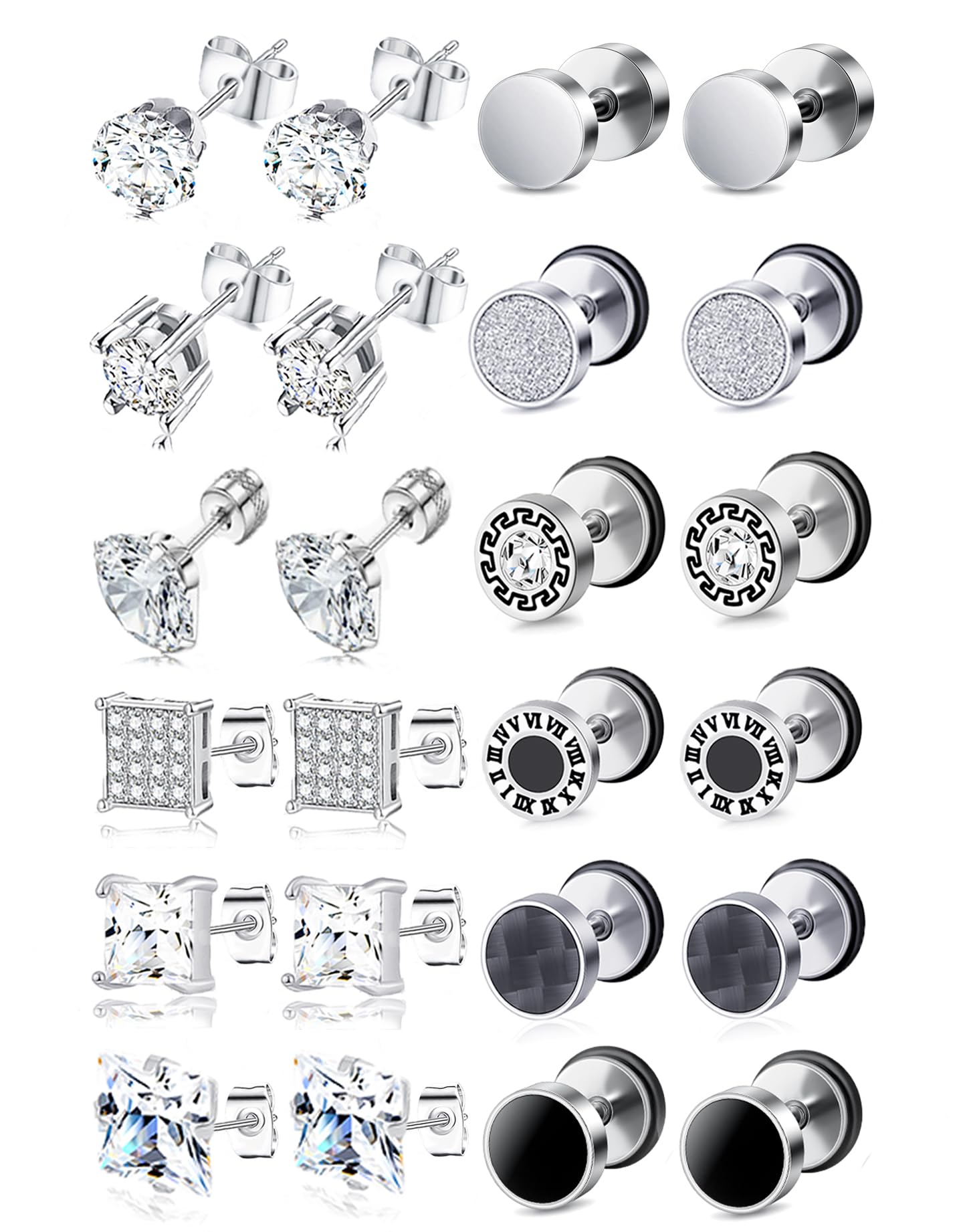 Ofeiyaa 12 Pairs Stainless Steel Stud Earrings Cubic Zirconia Cartilage Barbell Earring Set for Men Women Black Silver Tone 8mm
