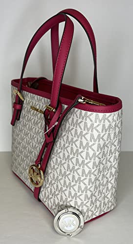 Michael Kors Jet Set Travel XS Carryall Convertible Top Zip Tote bundled with SM TZ Coinpouch and Purse Hook (Carmine Pink MK Multi)