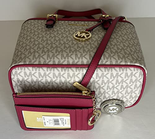 Michael Kors Jet Set Travel XS Carryall Convertible Top Zip Tote bundled with SM TZ Coinpouch and Purse Hook (Carmine Pink MK Multi)