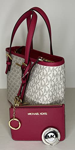 Michael Kors Jet Set Travel XS Carryall Convertible Top Zip Tote bundled with SM TZ Coinpouch and Purse Hook (Carmine Pink MK Multi)