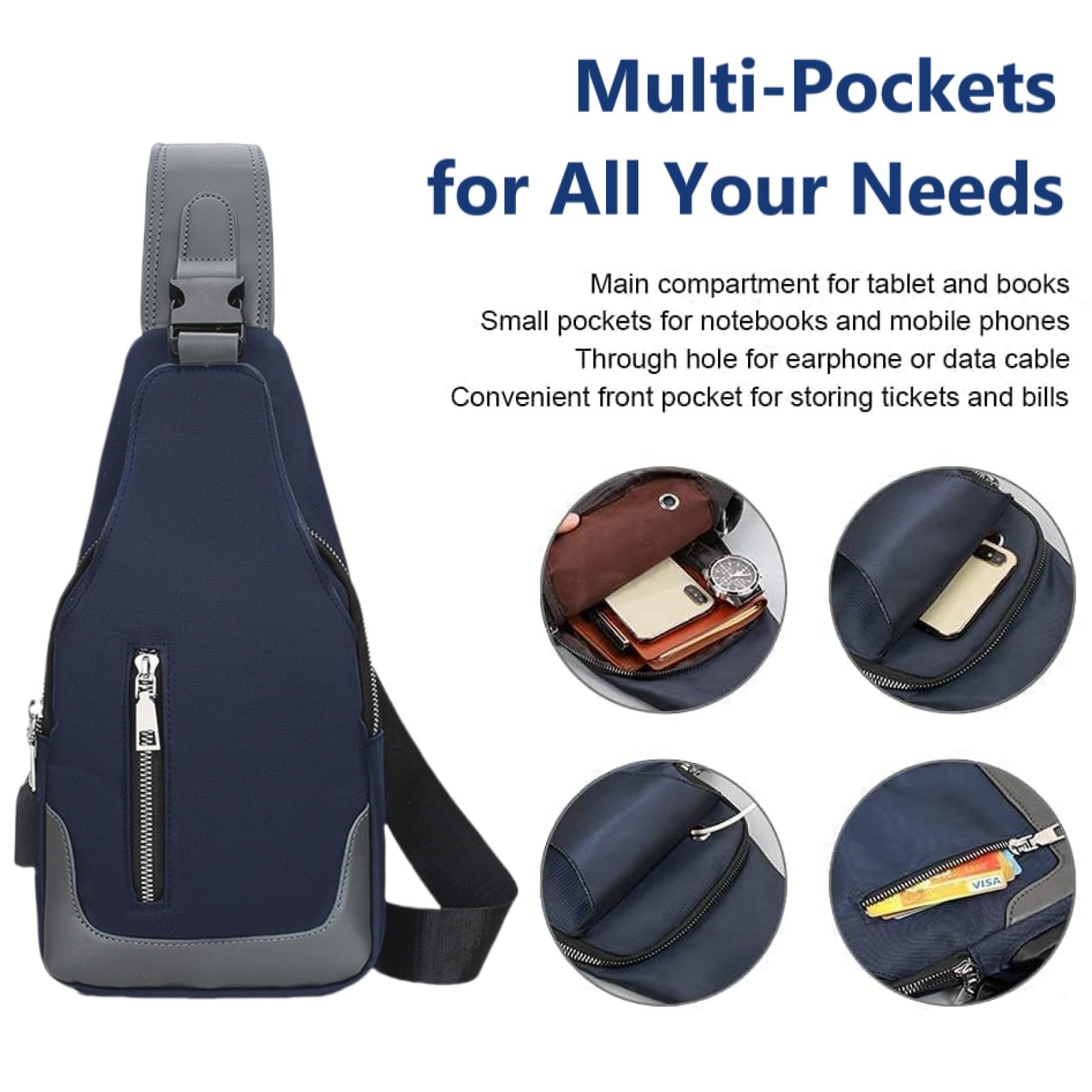 Sling Backpack with USB Charging Port, Chest Bag Crossbody Daypack Shoulder Bag for Women & Men, Hiking, Cycling, Travel #2 Blue