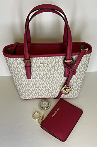 Michael Kors Jet Set Travel XS Carryall Convertible Top Zip Tote bundled with SM TZ Coinpouch and Purse Hook (Carmine Pink MK Multi)