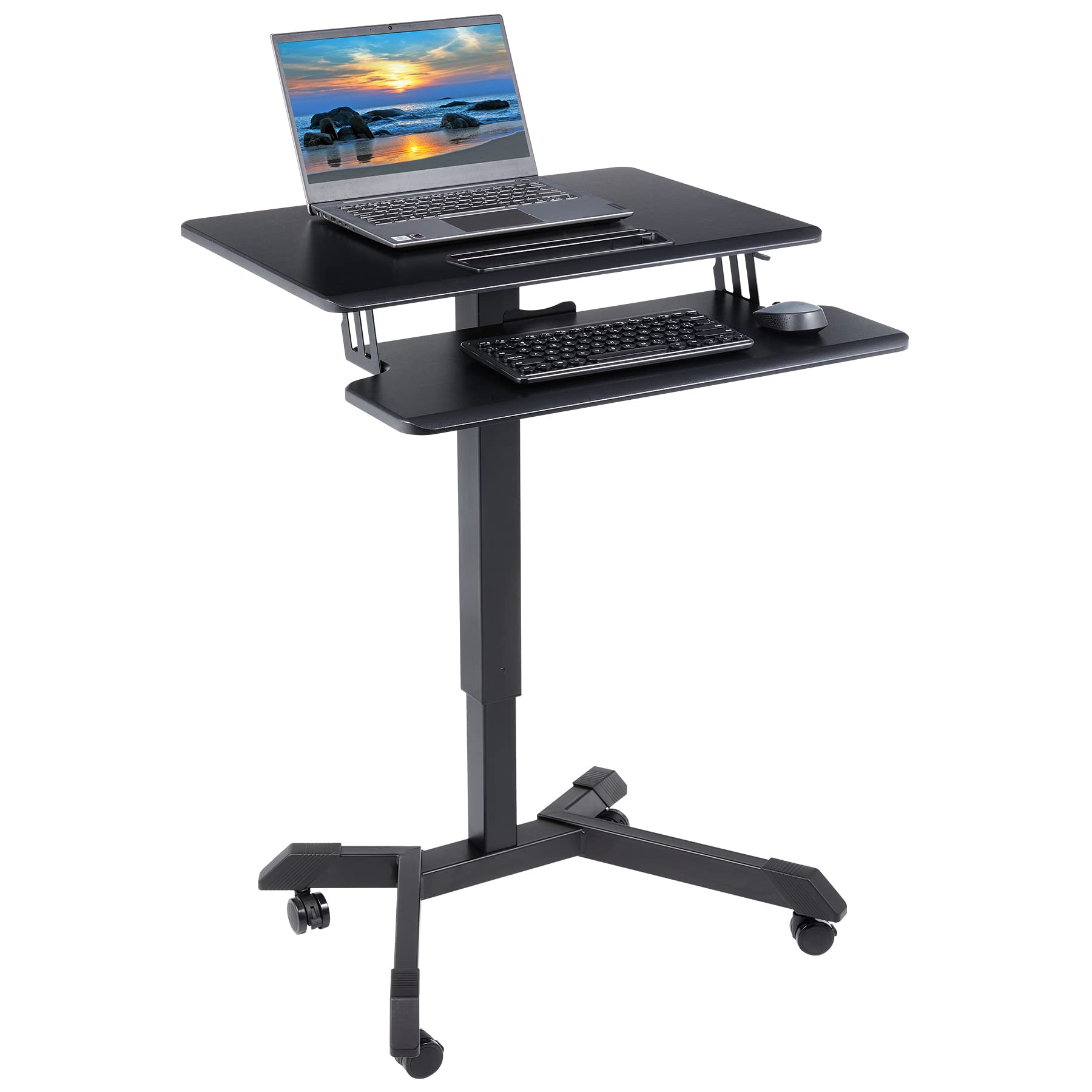 VONLUCE Standing Desk with Keyboard Tray, Mobile Stand Up Computer Desk, Height Adjustable 2 Tier Rolling Laptop & Monitor Stand, 26x18 Compact Home and Office Workstation with Gas Spring Lift, Black