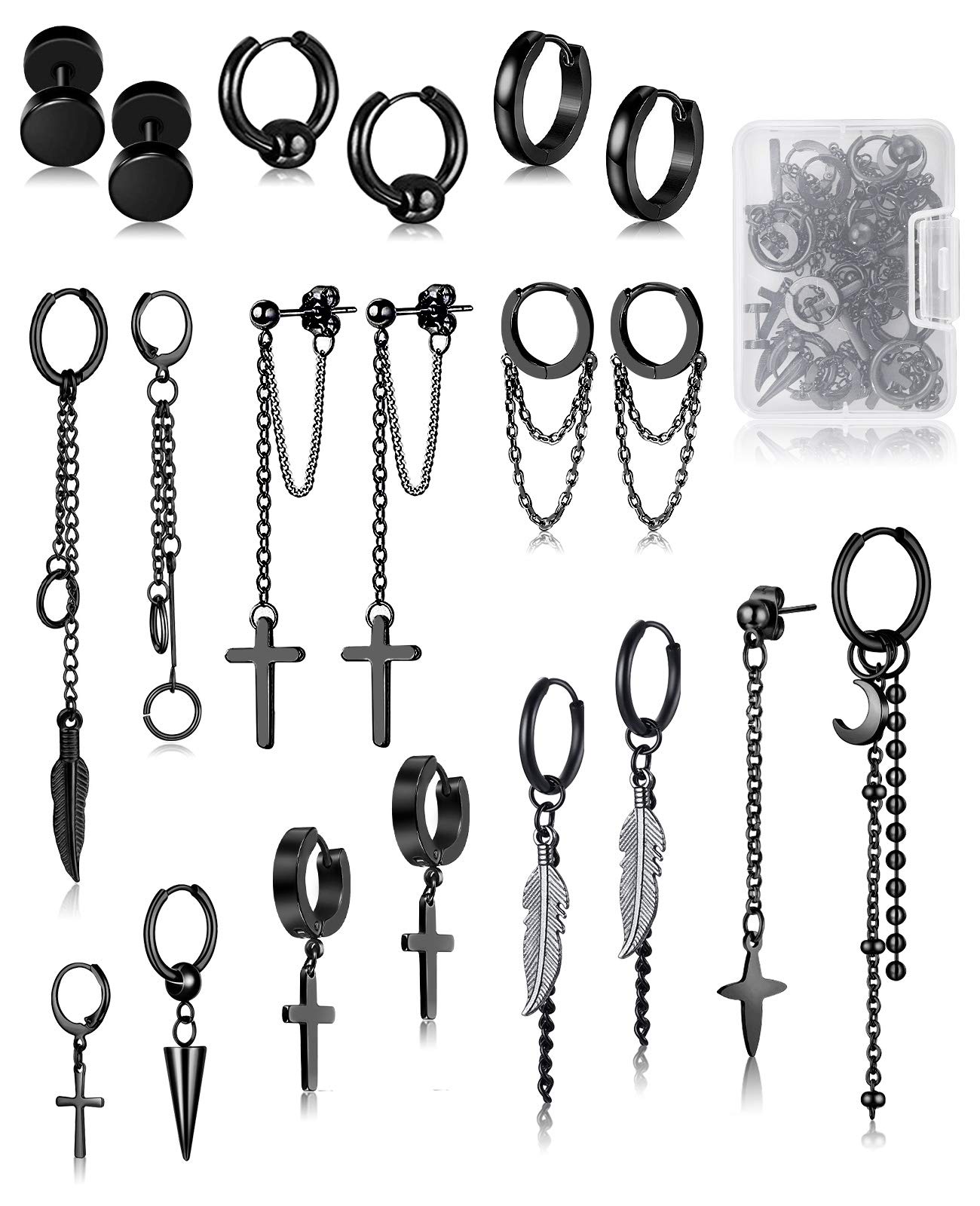 FIFATA 20 Pieces Men Earrings Set - Black Stainless Steel Chain Hoop Earrings Cross Moon and Star Dangle Earrings Piercing Jewelry for Men Women