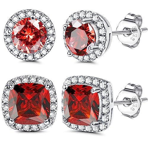 Jstyle 18K White Gold Plated Halo Stud Earrings 925 Sterling Silver Cubic Zirconia Stud Earrings Round Square Red Stud Earrings Set for Women Men CZ Birthstone Jewelry Gifts