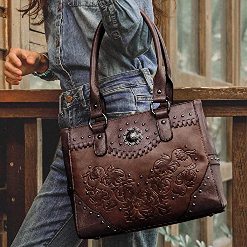 LAVAWA Tote Bag for Women Large Concealed Carry Purse Ladies Top Handle Shoulder Handbags Vintage Embossed Concho Studs (Coffee)…