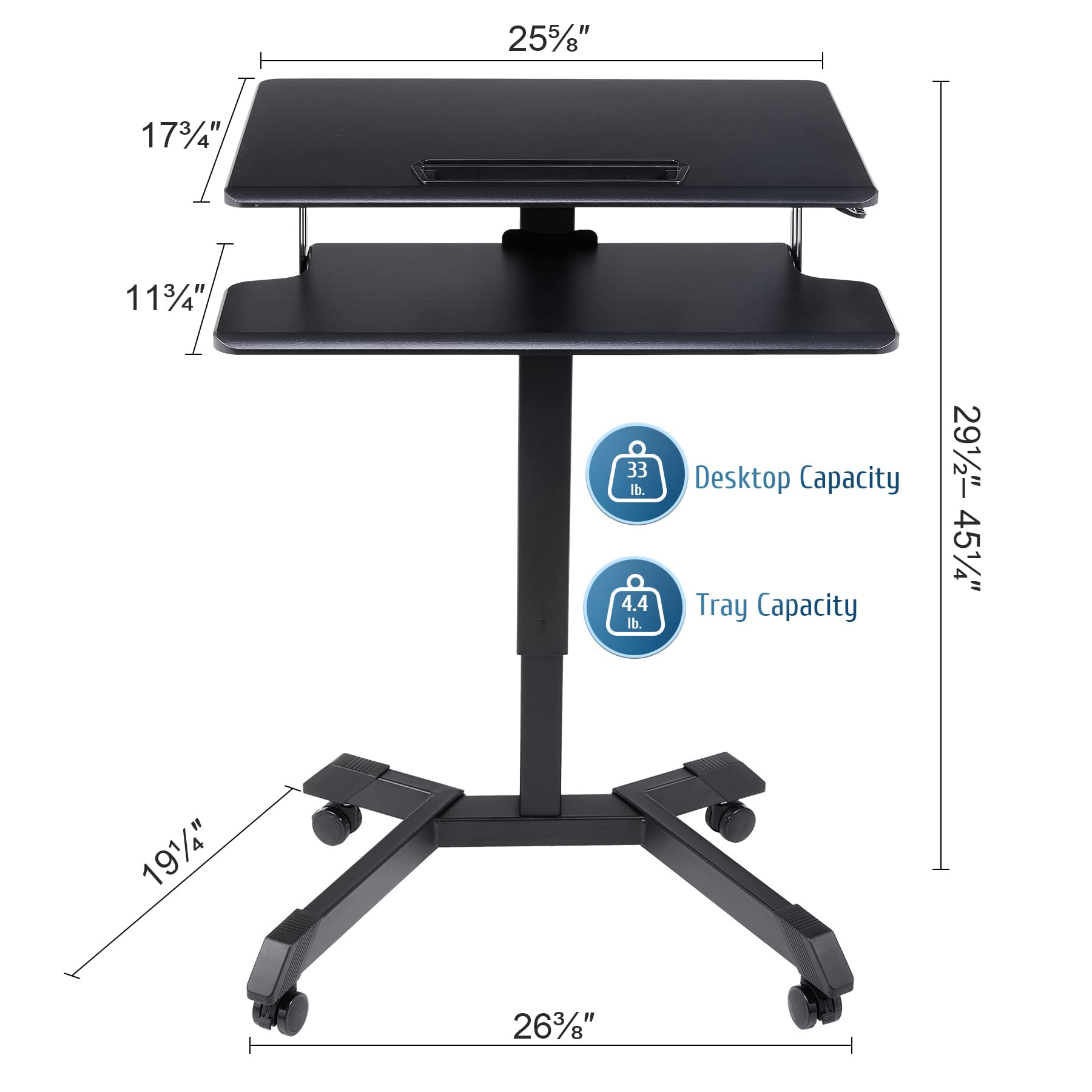 VONLUCE Standing Desk with Keyboard Tray, Mobile Stand Up Computer Desk, Height Adjustable 2 Tier Rolling Laptop & Monitor Stand, 26x18 Compact Home and Office Workstation with Gas Spring Lift, Black