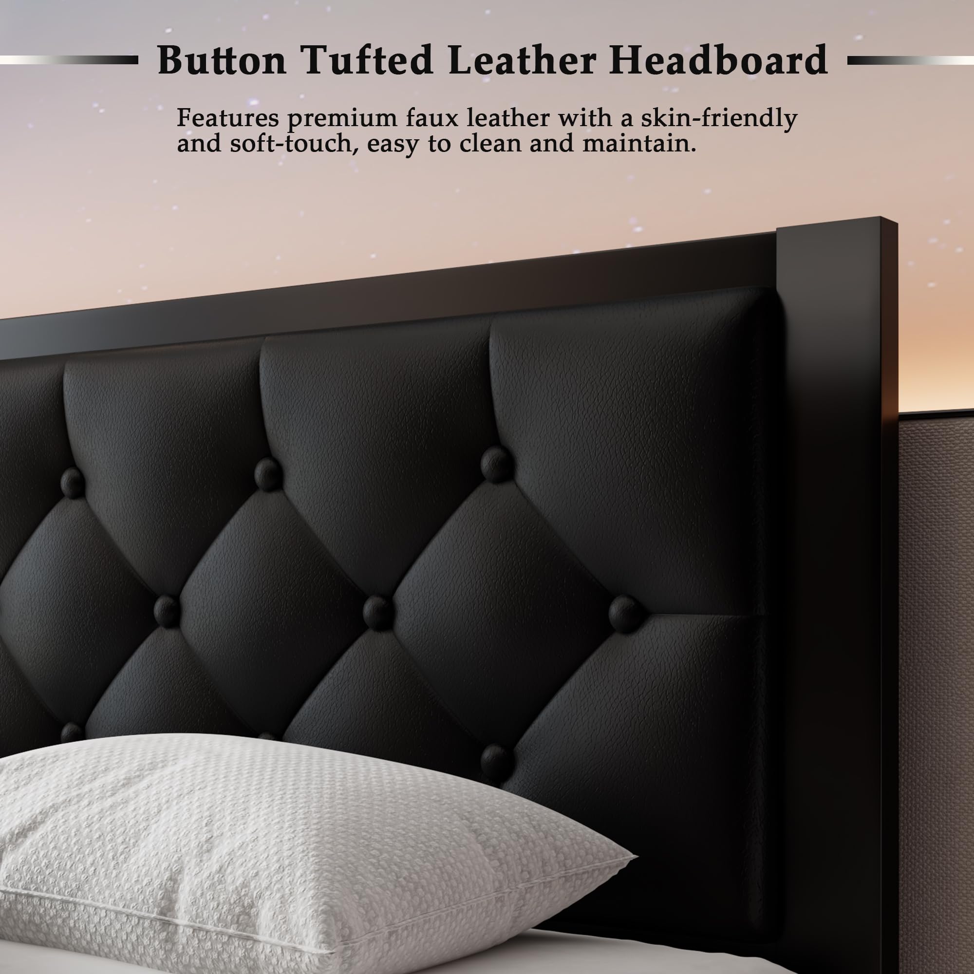 Feonase Twin Size Metal Bed Frame with Faux Leather Button Tufted Headboard, Heavy-Duty Platform Bed Frame with 12" Storage, Steel Slats Support, No Box Spring Needed, Noise Free, Black