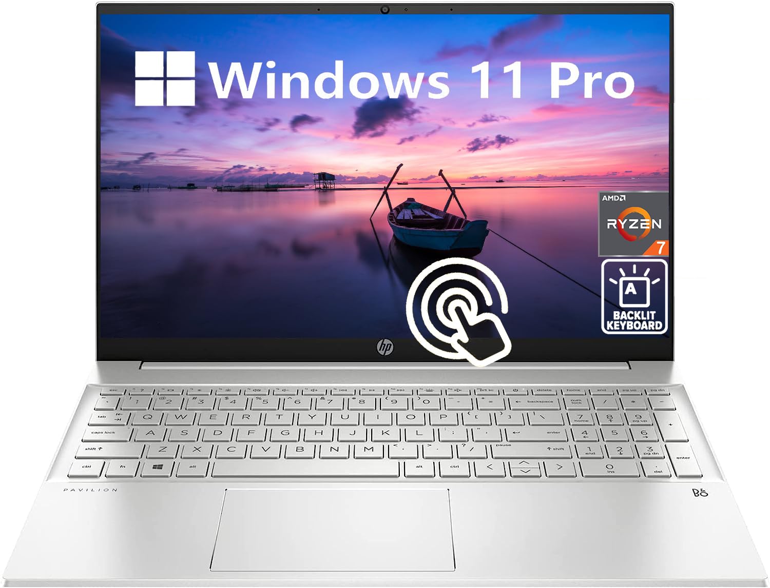 HP Pavilion 15.6" FHD Touchscreen Business Laptop, AMD Ryzen 7 5825U, Windows 11 Pro, 16GB RAM, 512GB SSD, Backlit Keyboard, Numeric Keypad, WiFi 6, Long Battery Life, Durlyfish