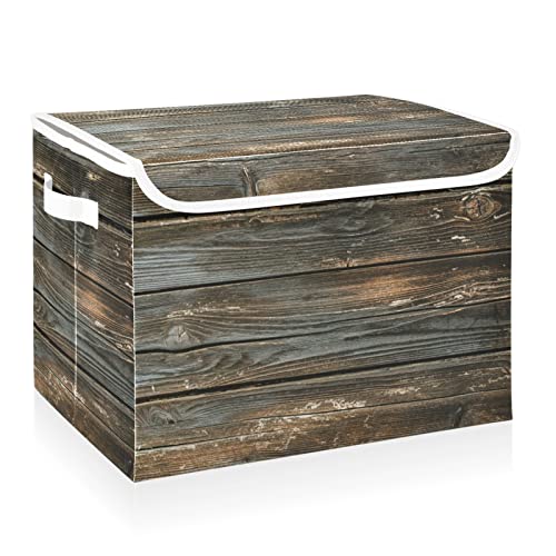 CaTaKu Wooden Vintage Storage Bins with Lids and Handles, Fabric Large Storage Container Cube Basket with Lid Decorative Storage Boxes for Organizing Clothes
