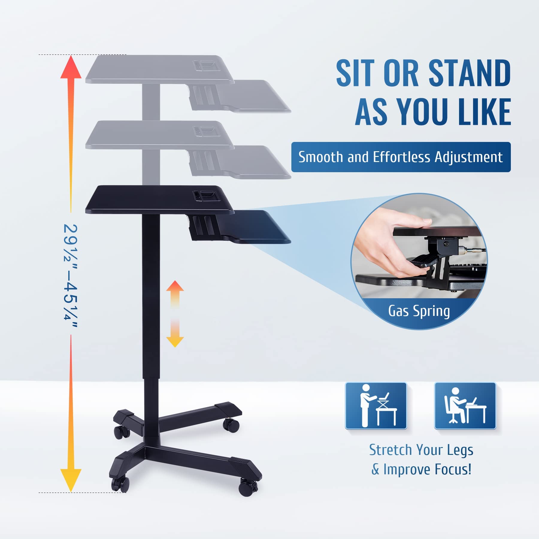 VONLUCE Standing Desk with Keyboard Tray, Mobile Stand Up Computer Desk, Height Adjustable 2 Tier Rolling Laptop & Monitor Stand, 26x18 Compact Home and Office Workstation with Gas Spring Lift, Black