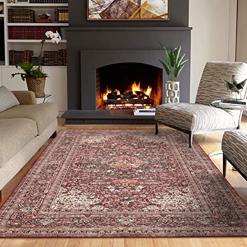 COZYLOOM Machine Washable Rug, Retro Medallion Accent Rug Vintage Tribal Rug Indoor Floor Cover Boho Oriental Area Rug Non-Slip Thin Rug Distressed Soft Mat Living Room Bedroom Brown 5 x 7 FT